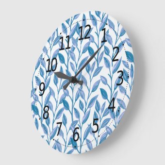 Elegant Modern Botanical Blue Leaves Pattern | Large Clock | Zazzle