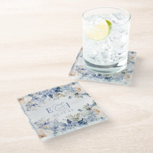 Elegant Modern Botanical Dusty Blue Floral Wedding Glass Coaster | Zazzle