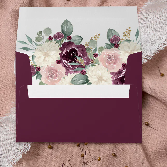 Elegant Modern Botanical Plum Floral Wedding Envelope | Zazzle