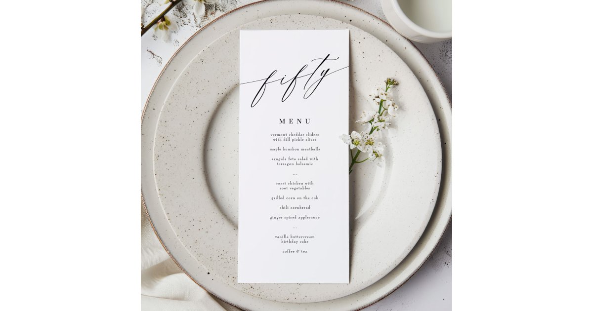 Elegant Modern Calligraphy 50th Birthday Menu | Zazzle