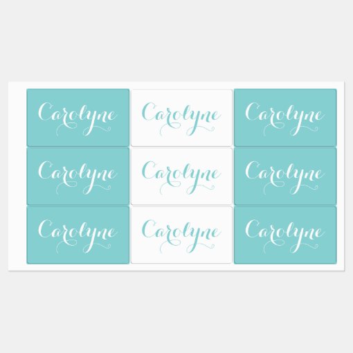 Elegant Modern Calligraphy Aqua Blue Custom Names Kids' Labels | Zazzle