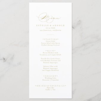 Elegant Modern Calligraphy Gold Dinner Menu | Zazzle