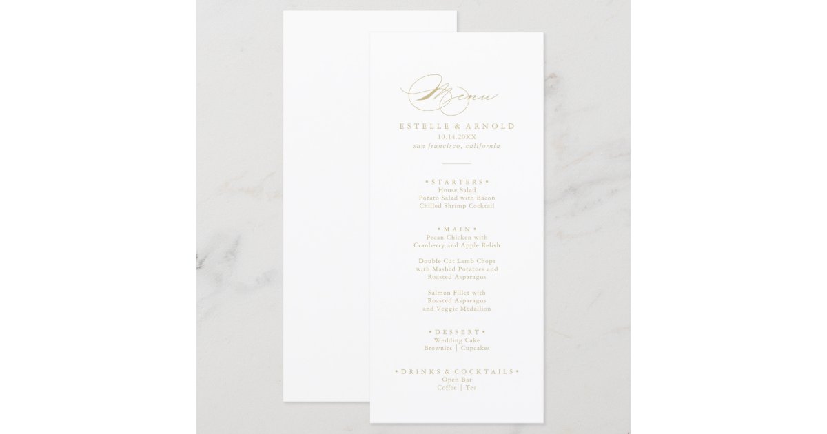 Elegant Modern Calligraphy Gold Dinner Menu | Zazzle