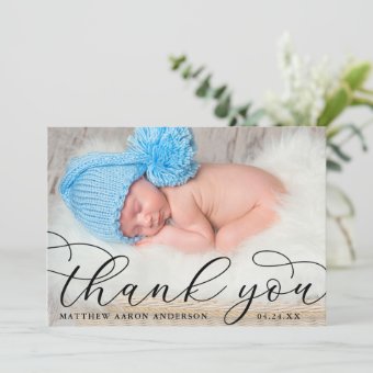 Elegant Modern Calligraphy New Baby Photo B Thank You Card | Zazzle