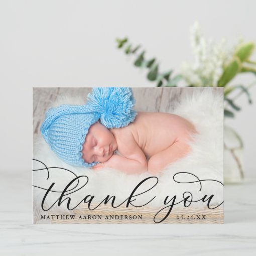 Elegant Modern Calligraphy New Baby Photo B Thank You Card | Zazzle