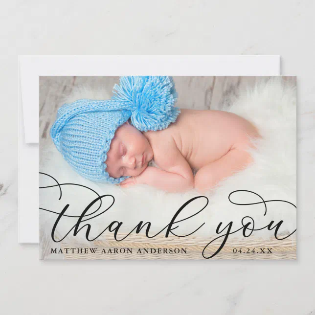 Elegant Modern Calligraphy New Baby Photo B Thank You Card | Zazzle