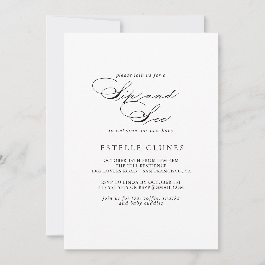 Elegant Modern Calligraphy Sip and See Invitation | Zazzle