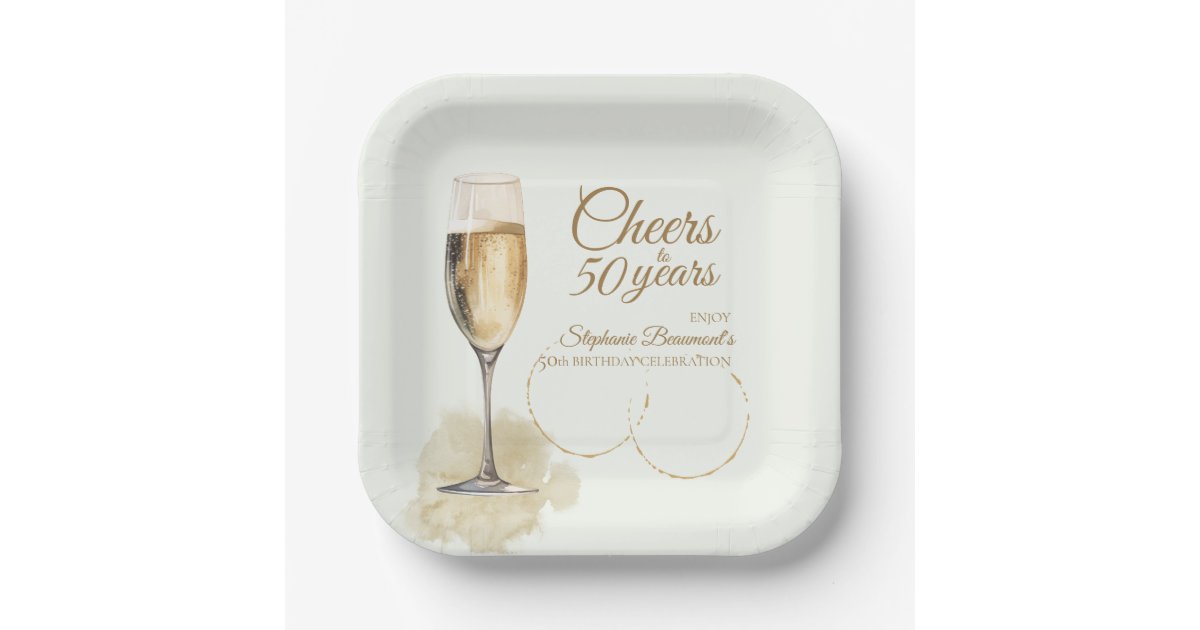 Elegant Modern Champagne Cheers 50th Birthday Paper Plates | Zazzle