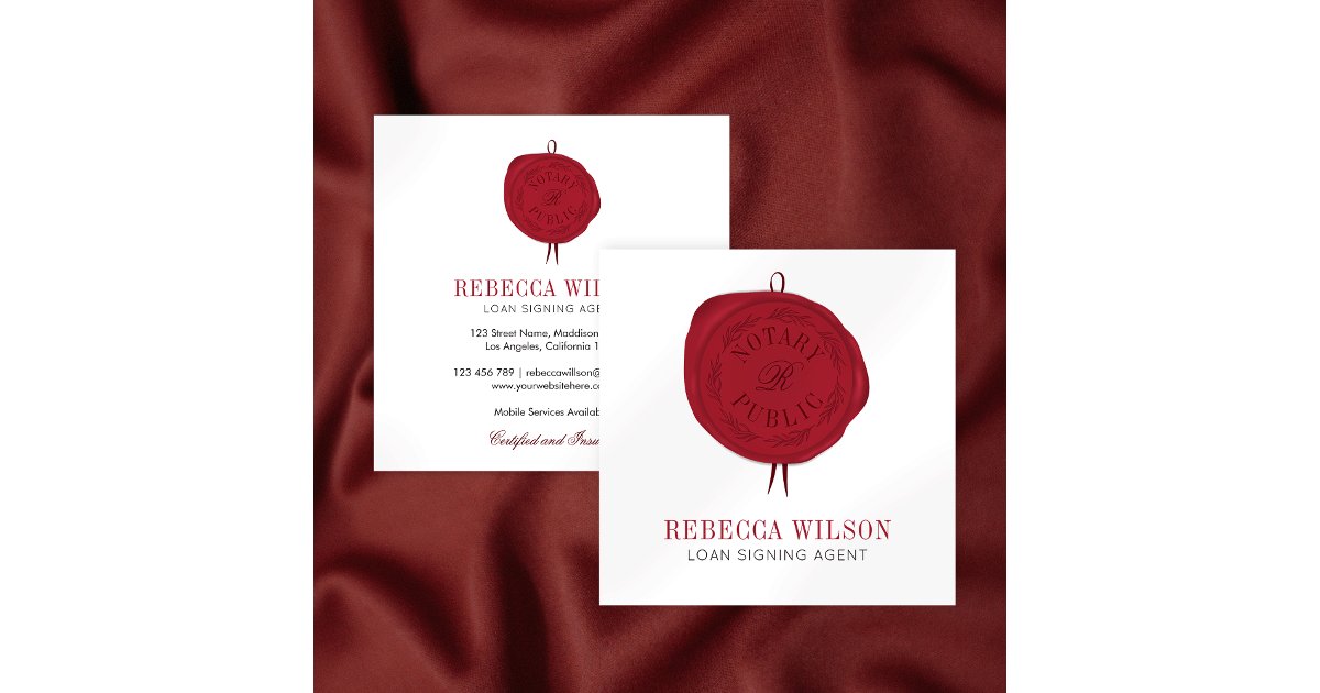 Elegant Modern Chic Red Wax Stamp Signature Notary Square Business Card ...