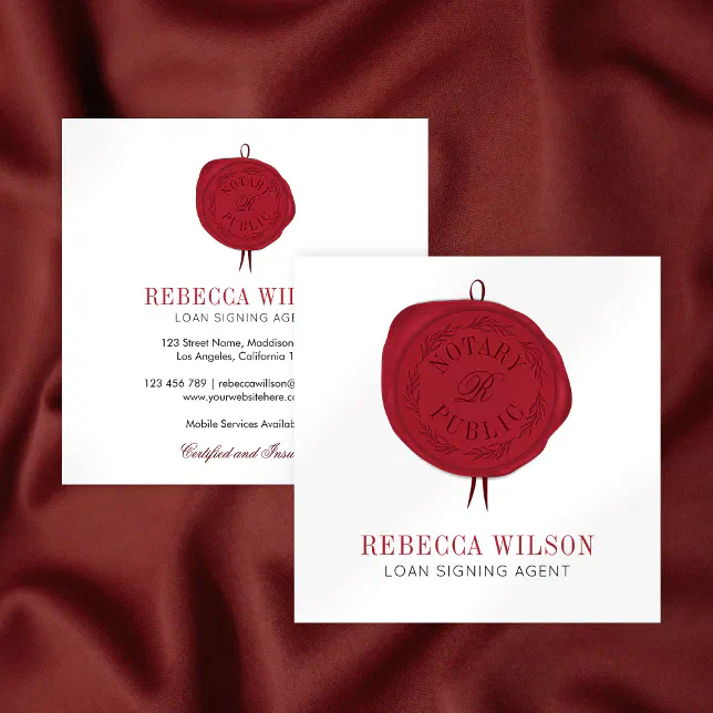 Elegant Modern Chic Red Wax Stamp Signature Notary Square Business Card ...