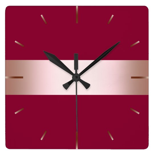 Elegant modern chick rose gold & burgundy strip square wall clock ...