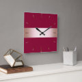 Elegant modern chick rose gold & burgundy strip square wall clock | Zazzle