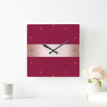 Elegant modern chick rose gold & burgundy strip square wall clock | Zazzle