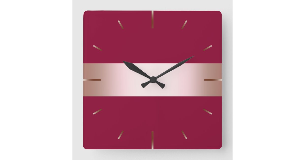 Elegant modern chick rose gold & burgundy strip square wall clock | Zazzle