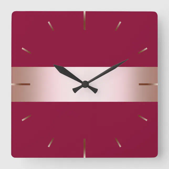Elegant modern chick rose gold & burgundy strip square wall clock | Zazzle