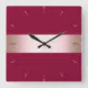 Elegant modern chick rose gold & burgundy strip square wall clock | Zazzle