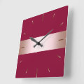 Elegant modern chick rose gold & burgundy strip square wall clock | Zazzle
