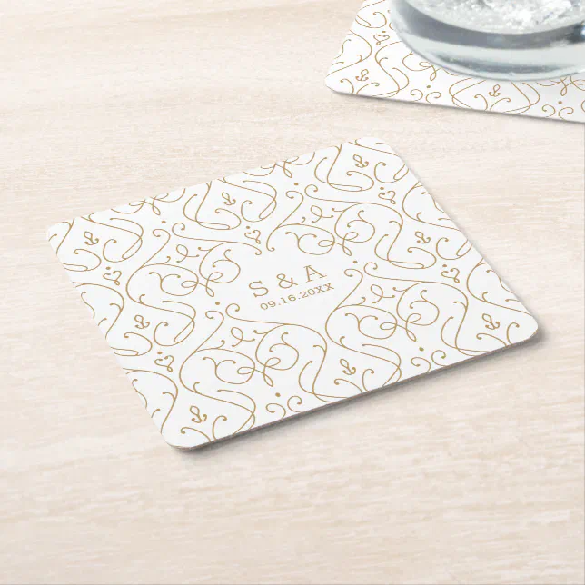 Elegant modern classic vintage wedding monogram square paper coaster ...