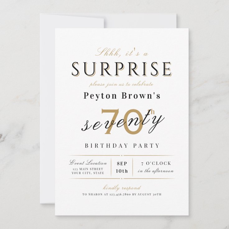 Elegant modern classy surprise 70th birthday invitation | Zazzle
