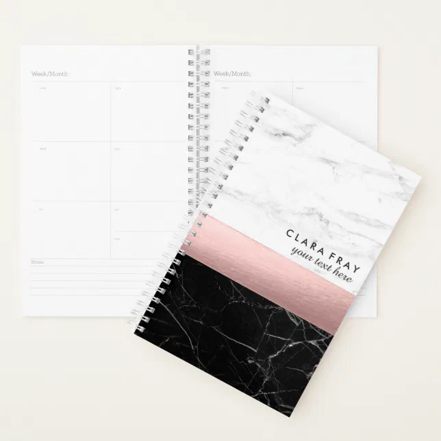 elegant modern clear black white marble rose gold planner | Zazzle