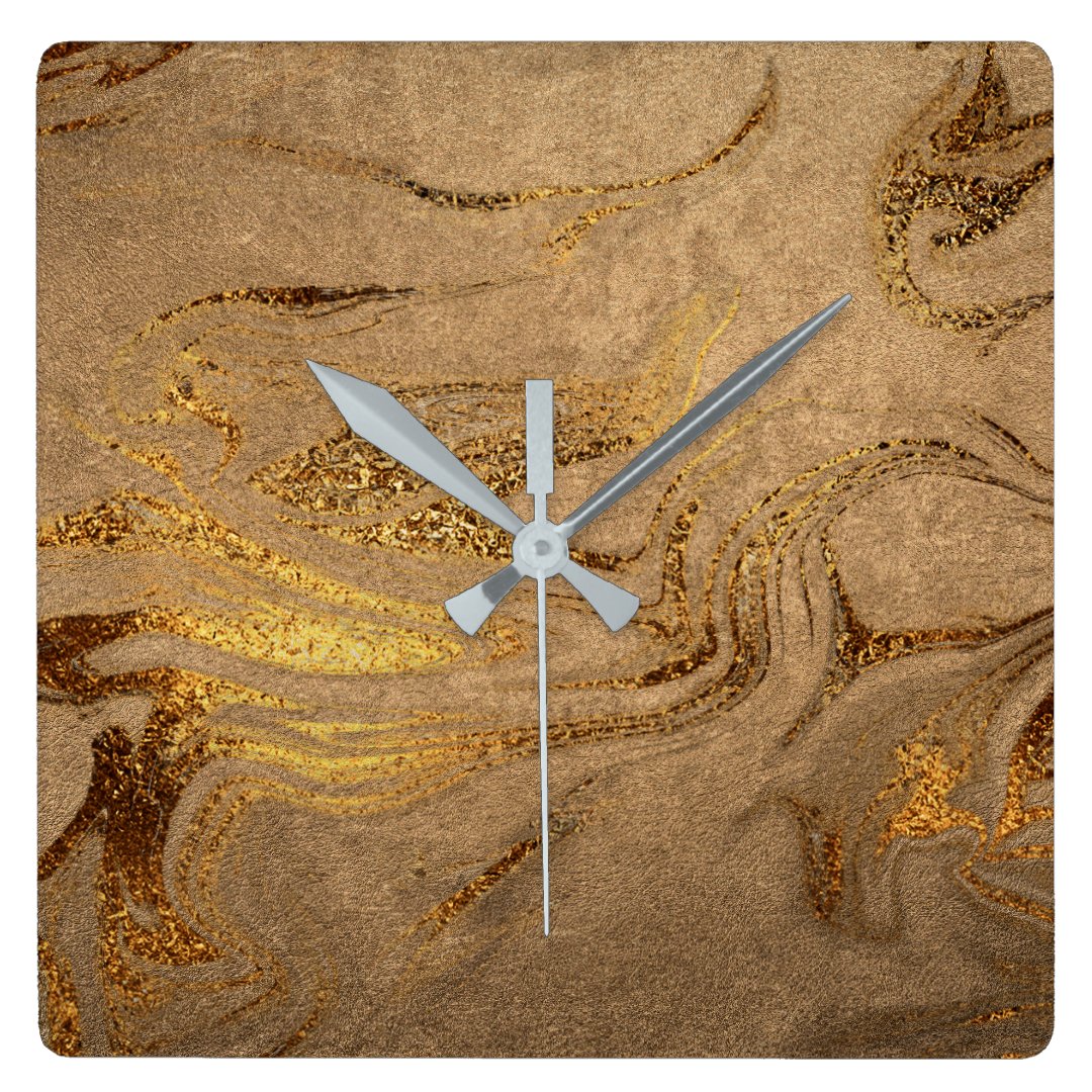 Elegant modern copper gold marble look square wall clock | Zazzle
