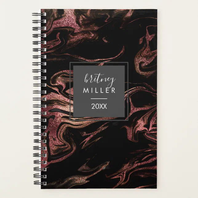 Elegant modern copper rose gold black marble planner | Zazzle