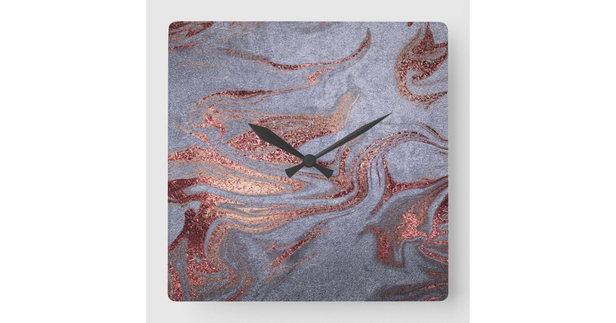 Elegant modern copper rose gold blue marble look square wall clock | Zazzle