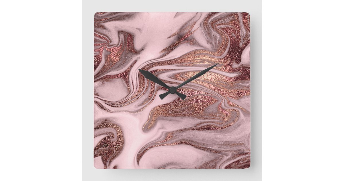Elegant modern copper rose gold & pink marble look square wall clock ...