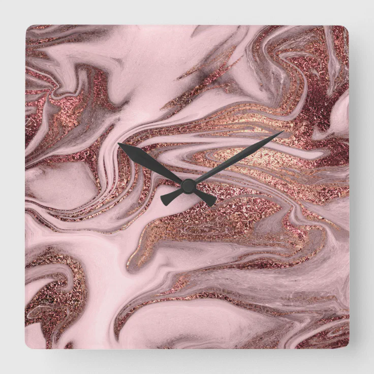 Elegant modern copper rose gold & pink marble look square wall clock ...
