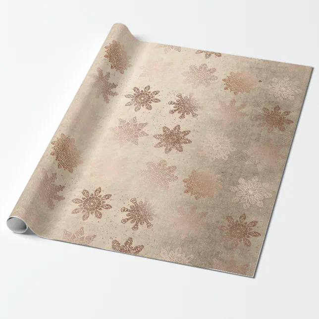 Elegant modern copper rose gold snowflake pattern wrapping paper | Zazzle