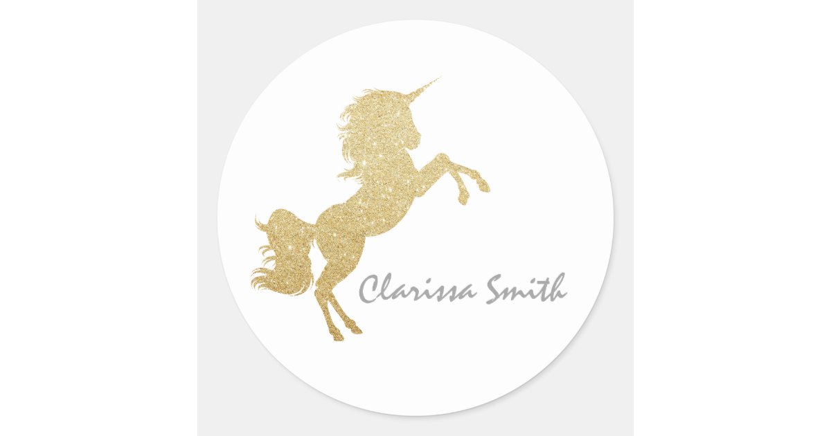 Elegant modern cute gold glitter & white unicorn classic round sticker ...