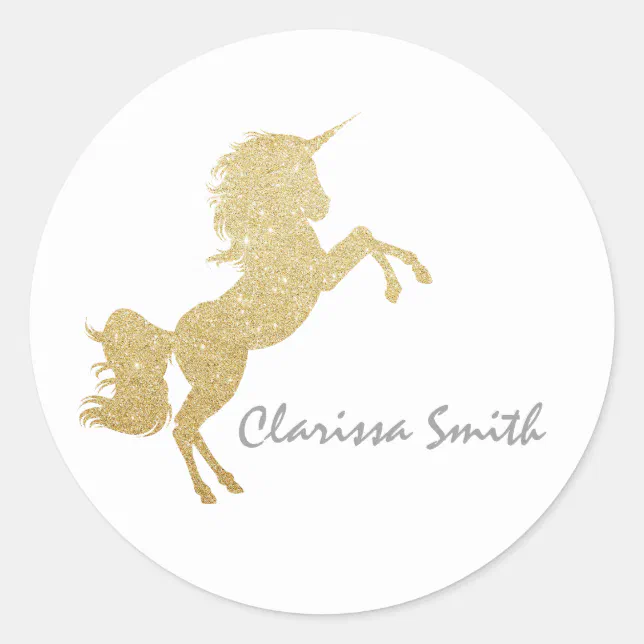 Elegant modern cute gold glitter & white unicorn classic round sticker ...