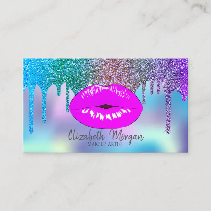 Elegant Modern Drips Holographic Lips Makeup Business Card | Zazzle