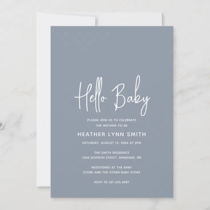 Elegant Modern Dusty Blue Boy Hello Baby Shower Invitation | Zazzle