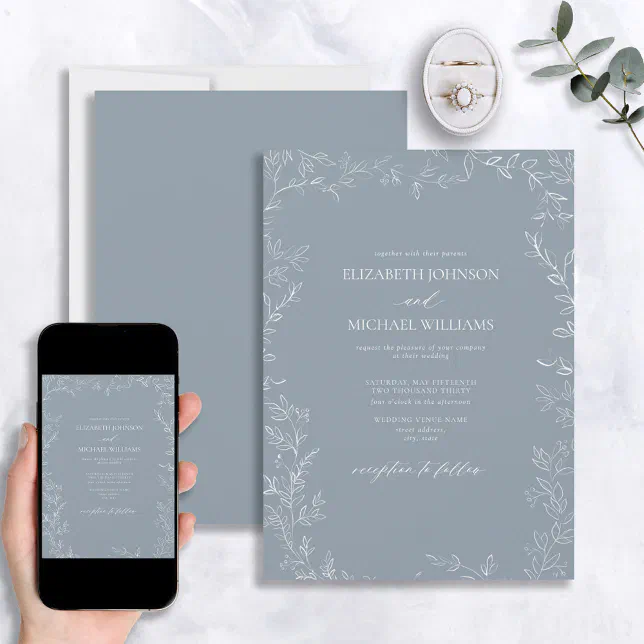 Elegant Modern Dusty Blue Minimal Leaf Wedding Invitation | Zazzle