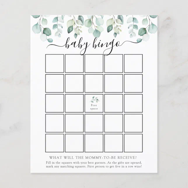 Elegant Modern Eucalyptus Baby Bingo Game Card | Zazzle