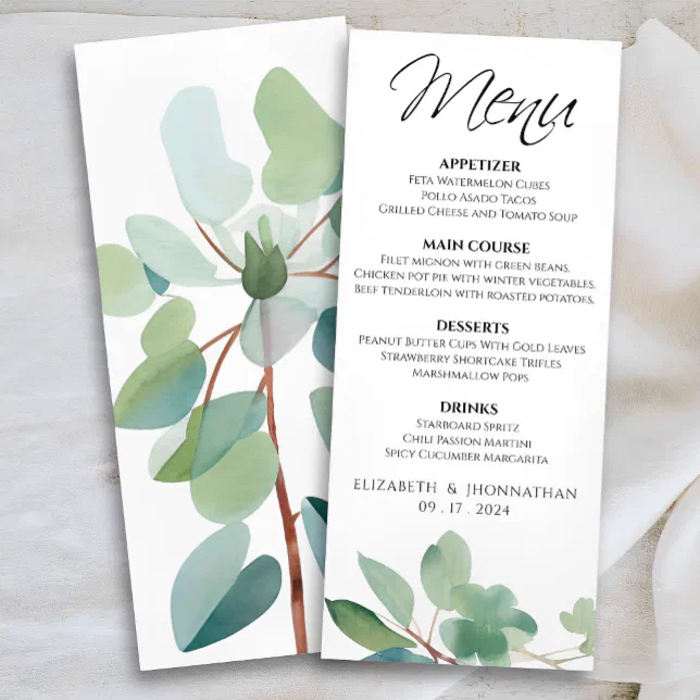 Elegant Modern Eucalyptus Greenery Wedding Menu | Zazzle