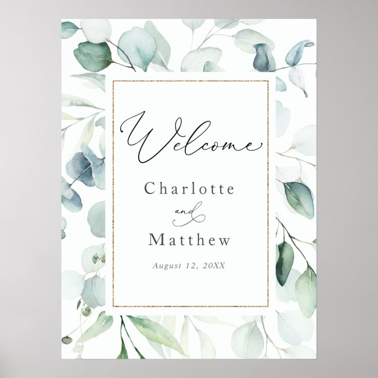 Elegant Modern Eucalyptus Greenery Wedding Welcome Poster | Zazzle