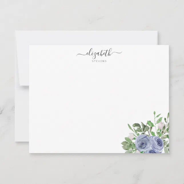 Elegant Modern Floral Blue Watercolor Rose Script Note Card | Zazzle