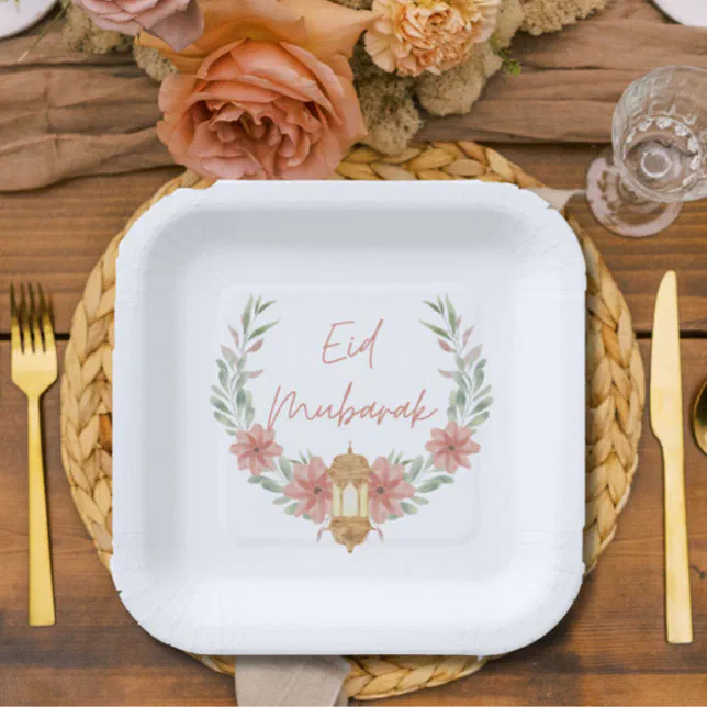 Elegant Modern Floral Eid Mubarak Pink White Paper Plates | Zazzle