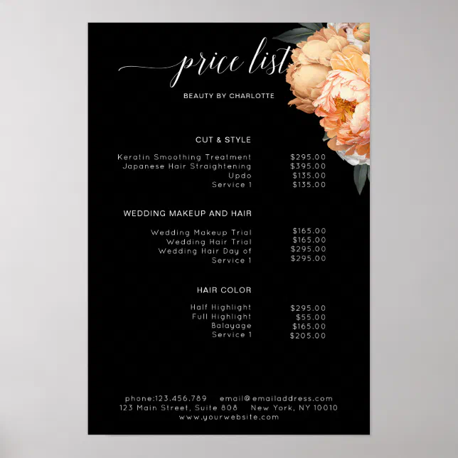 Elegant, Modern, Floral Peony price list Poster | Zazzle
