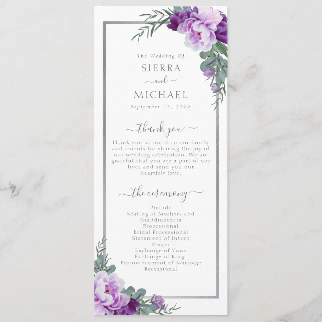 Elegant Modern Floral Purple & Silver Wedding Program | Zazzle
