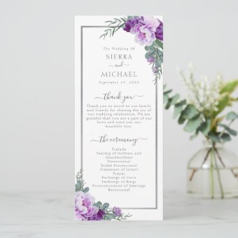 Elegant Modern Floral Purple & Silver Wedding Program | Zazzle