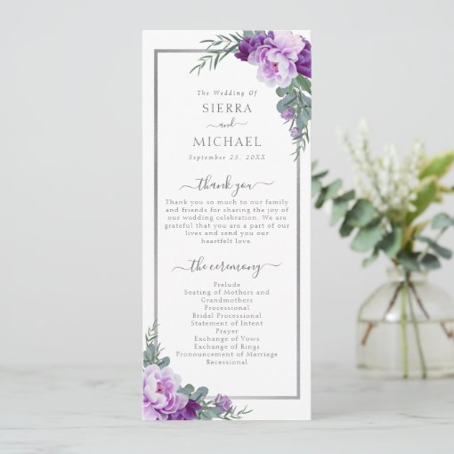 Elegant Modern Floral Purple & Silver Wedding Program | Zazzle