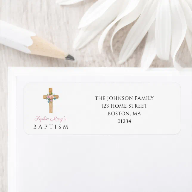 Elegant Modern Floral Religious Cross Baptism Label | Zazzle