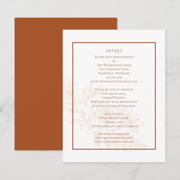 Elegant Modern Floral Terra Cotta Wedding Details Enclosure Card ...