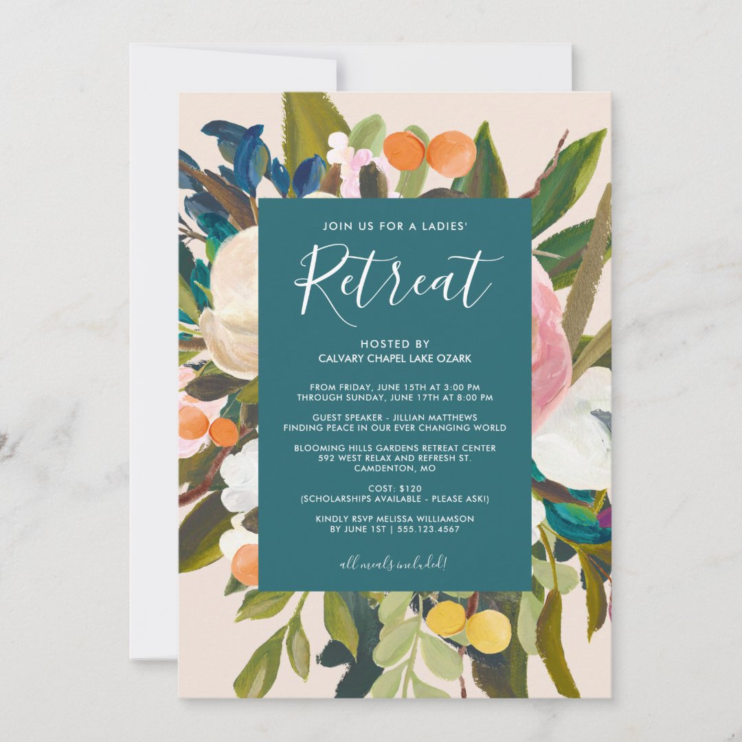 Elegant Modern Florals Ladies' Retreat Teal Invitation | Zazzle