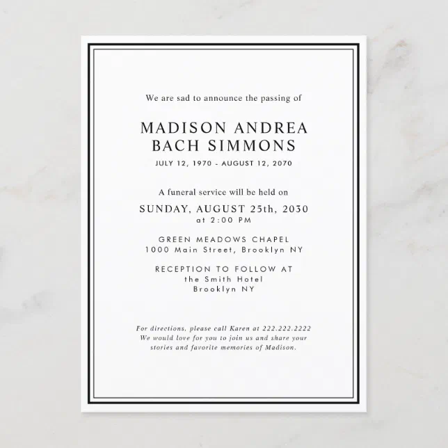 Elegant Modern Funeral Service Celebration of Life Postcard | Zazzle