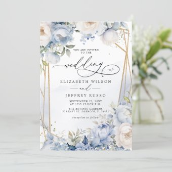 Elegant Modern Geometric Dusty Blue Floral Wedding Invitation | Zazzle