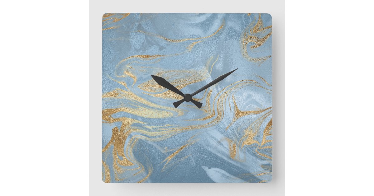 Elegant modern gold and blue marble look square wall clock | Zazzle